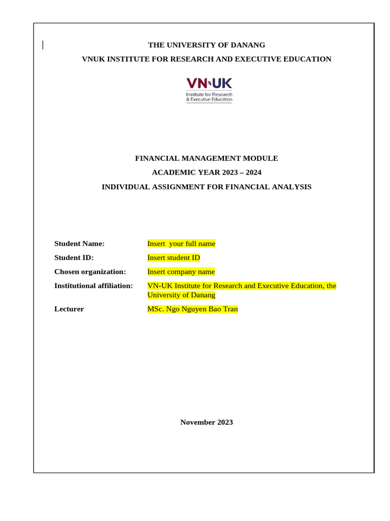 Cover Page For Financial Management Project-Based Assignment (Đư C T PH ...