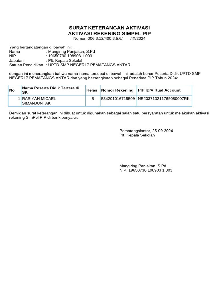 Surat Keterangan Aktivasi PIP Nominasi Tahun 2024, UPTD SMP NEGERI 7 ...