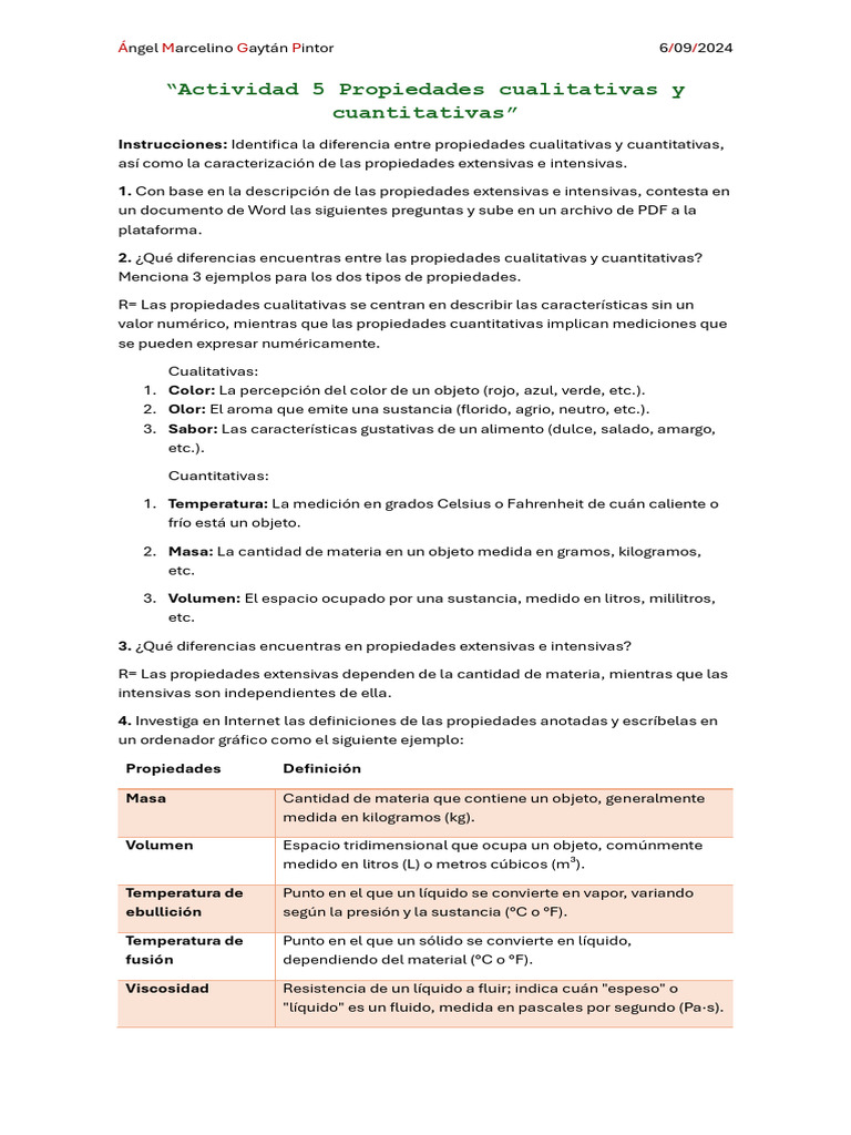 Actividad 5 Propiedades Cualitativas y Cuantitativas | PDF | Líquidos ...
