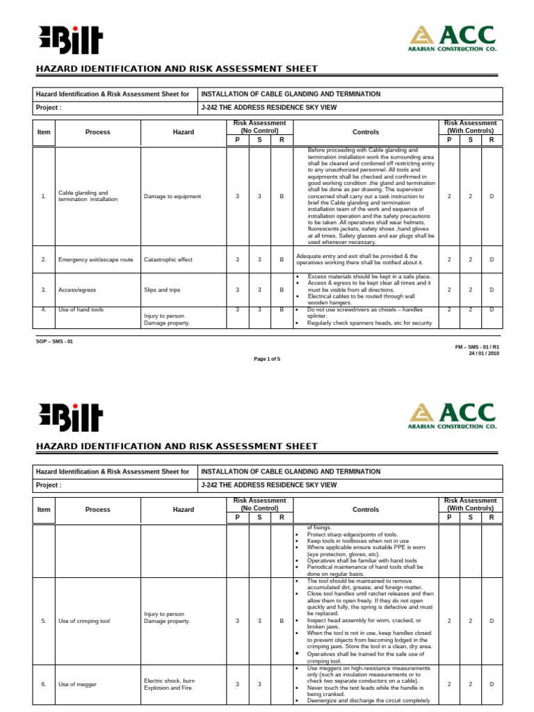 Risk Assessment ACC-INSTALLATION OF CABLE GLANDING & TERMINATION | PDF ...