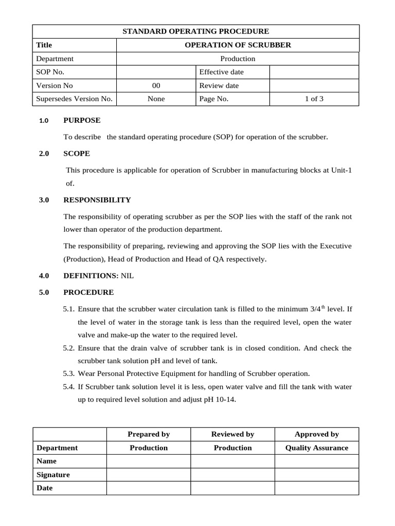 Scrubber Operation SOP for Production | PDF | Ph | Pump
