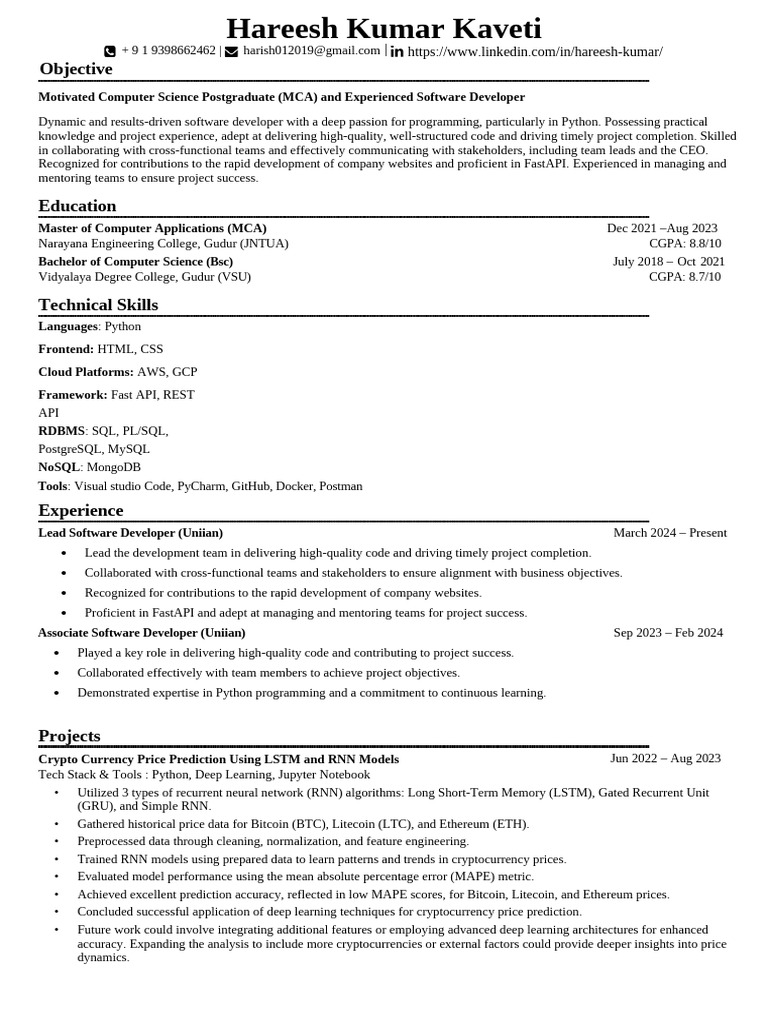 K Hareesh Kumar Resume-1 | PDF | Deep Learning | Cryptocurrency
