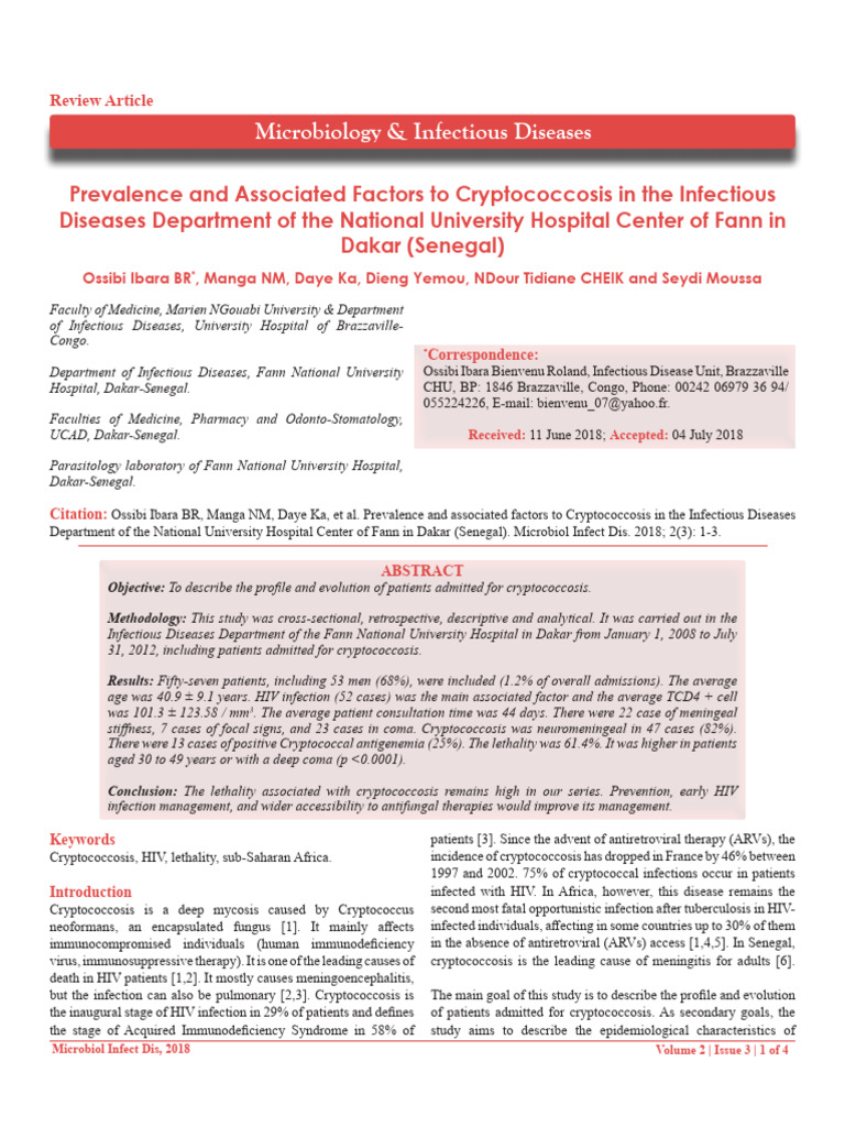 Prevalence and Associated Factors To Cryptococcosis in The Infectious ...