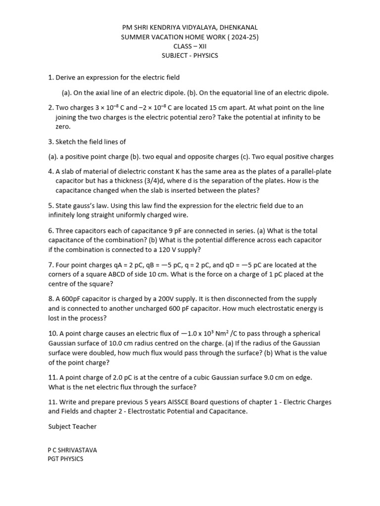 Phy Xii Summer Vacation HW 24-25 | PDF | Science & Mathematics | Technology & Engineering