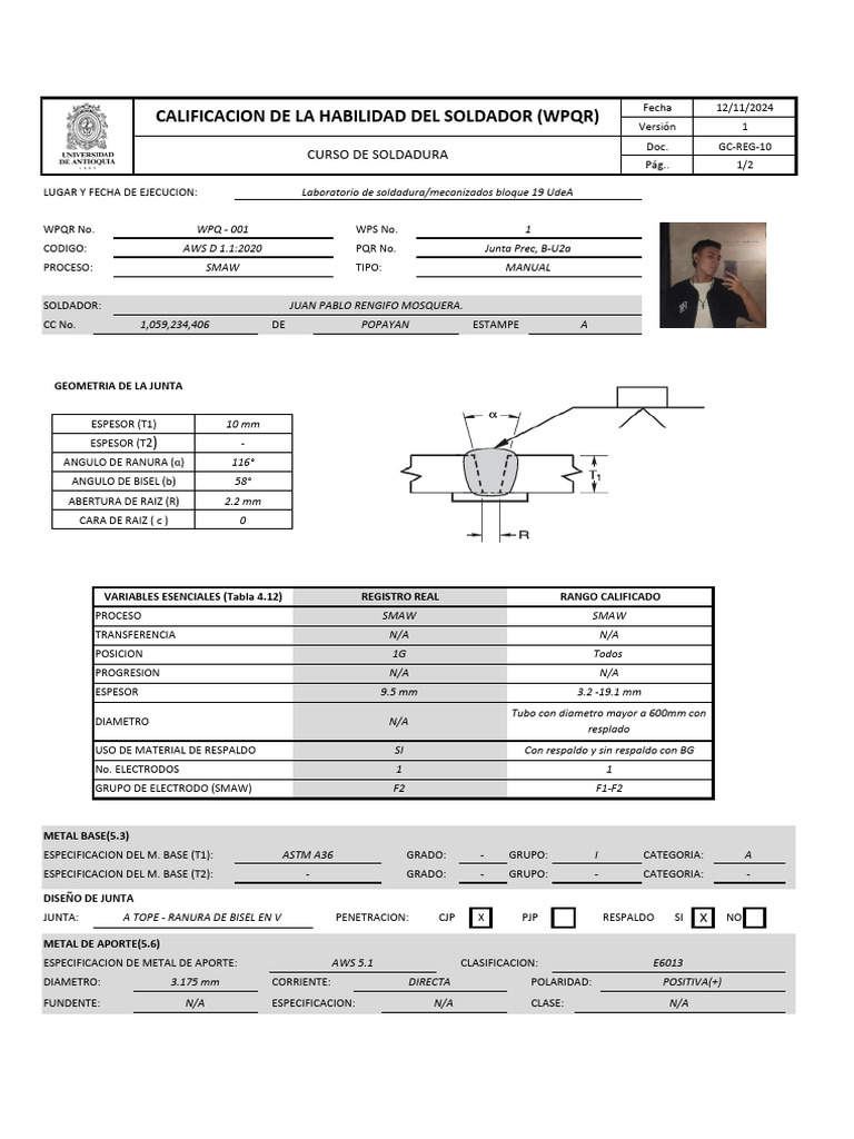 Formato WPQ Carlos Arteaga - Brayan Atis | PDF | Soldadura | Construcción