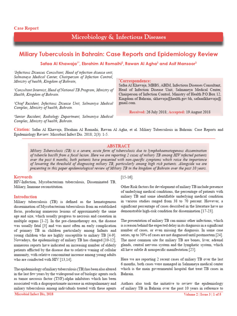 Miliary Tuberculosis in Bahrain Case Reports and Epidemiology Review ...