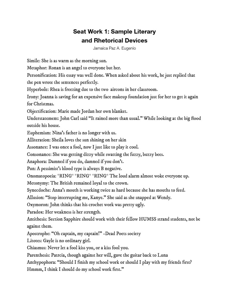 Creative Non-Fiction Seat Work 1 - Sample Literary and Rhetorical ...