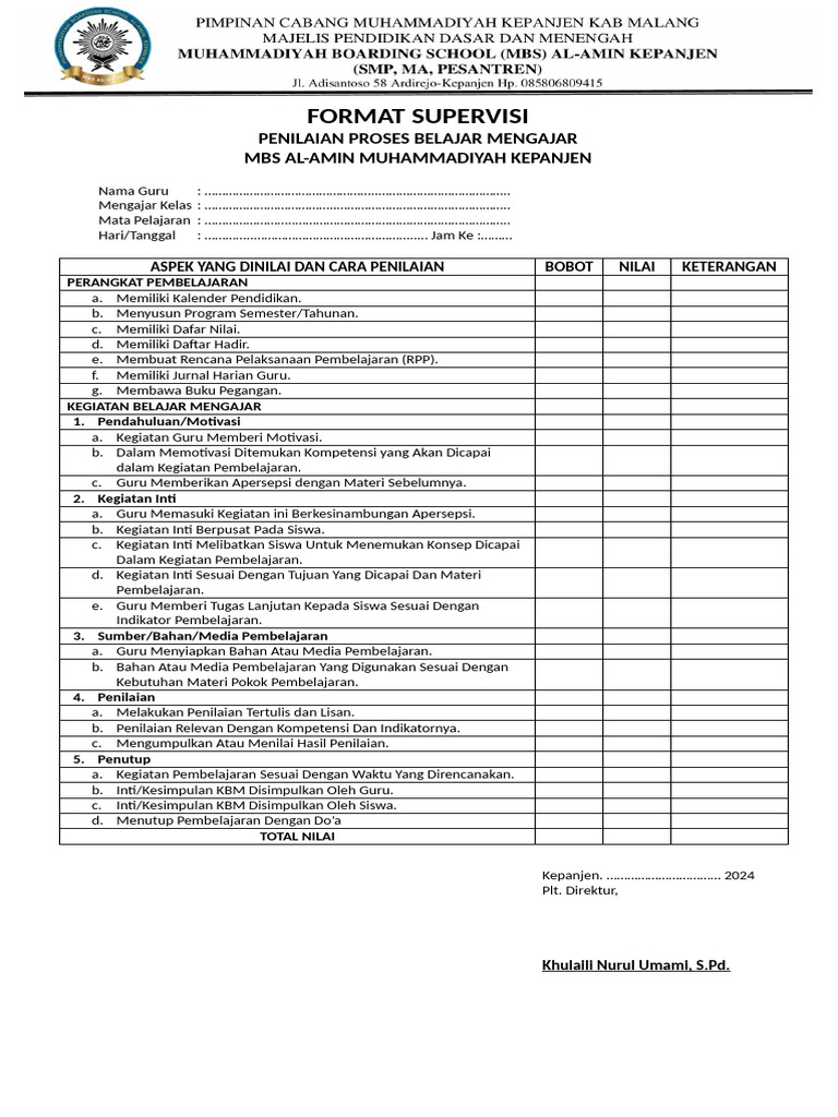Contoh Format Supervisi MBS | PDF | Karier & Perkembangan
