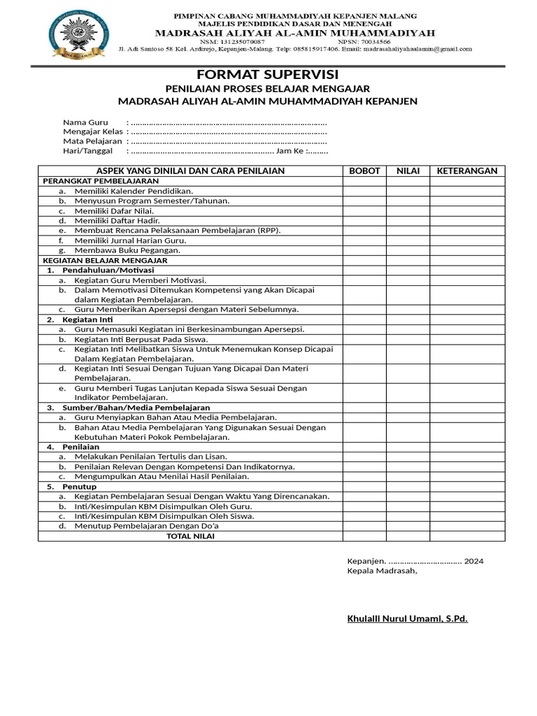 Contoh Format Supervisi MA | PDF