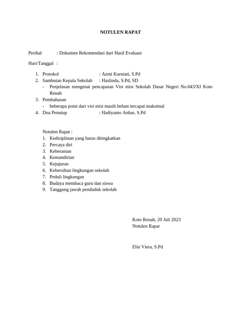 Dokumen Rekomendasi Dari Hasil Evaluasi (Notulen Rapat) | PDF | Karier ...