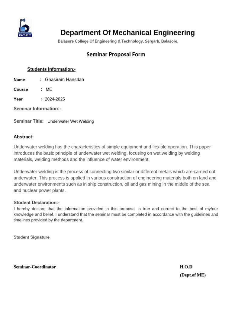 Department of Mechanical Engineering: Seminar Proposal Form | PDF
