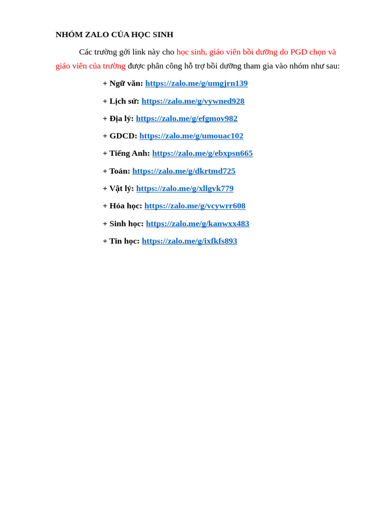 Danh Sach Nhom Zalo Boi Duong Hoc Sinh Gioi | PDF