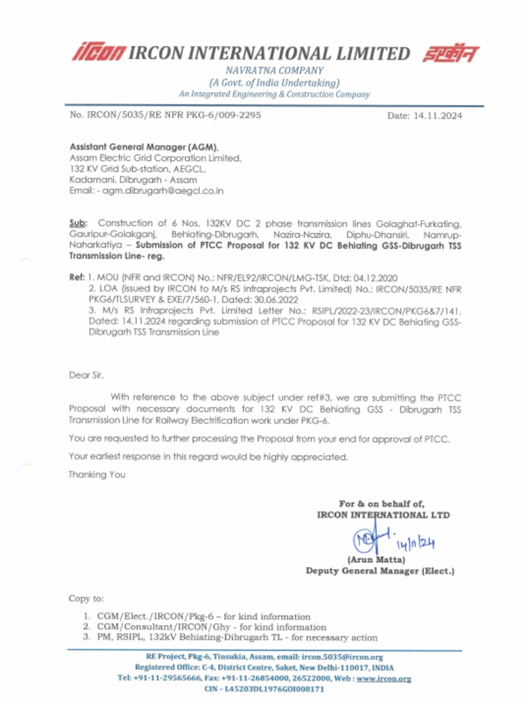 14 11 24 PTCC Submission LTR To AEGCL For 132kV Behiating-Dibrugarh TL ...