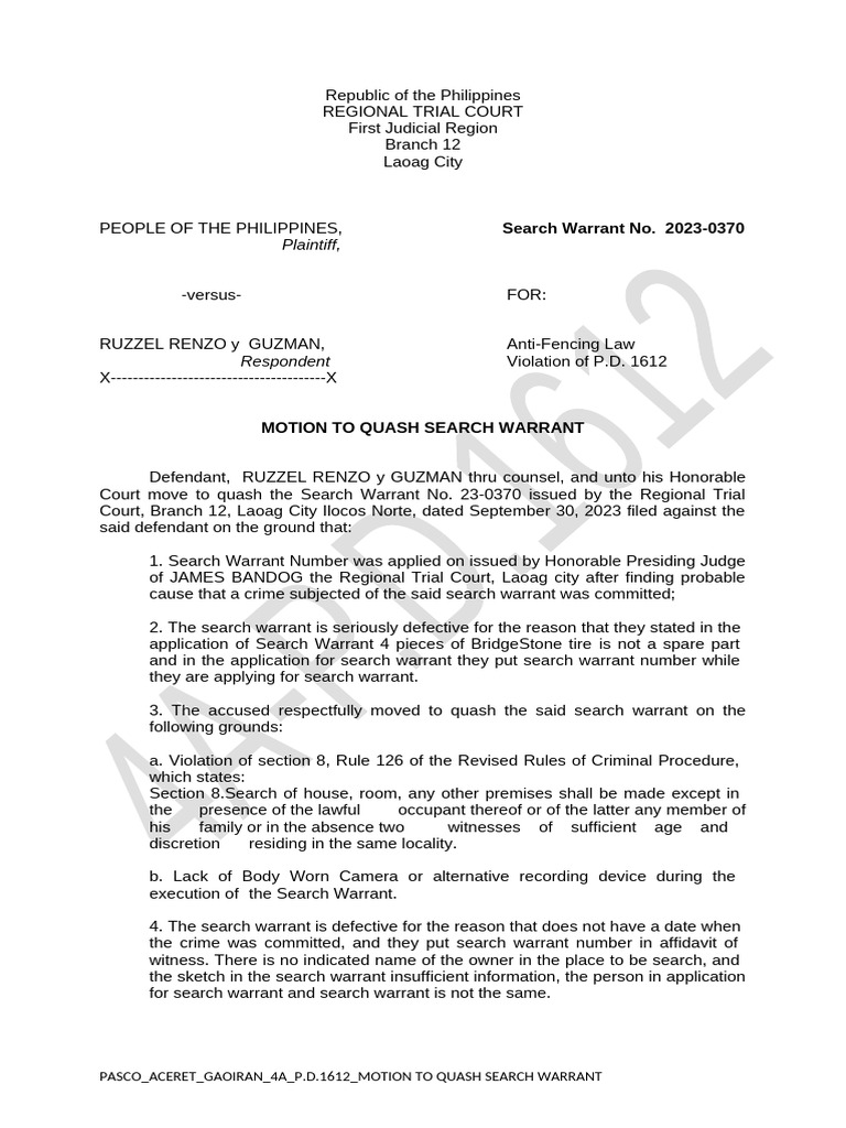 MOTION-TO-QUASH-1 | PDF | Search Warrant | Criminal Procedure In South ...