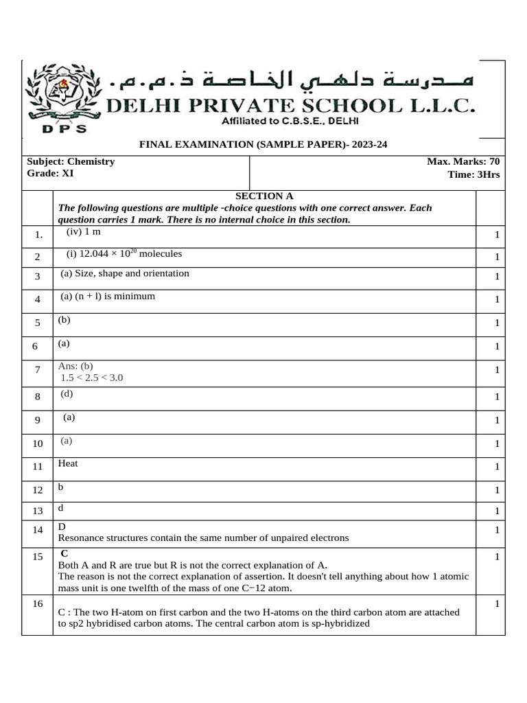AK_Sample paper_final exam_gr11_chem_2023-24 | PDF | Chemical Reactions | Ionization
