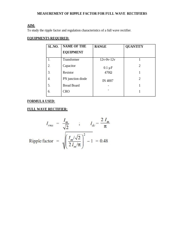 Measurement of Ripple Factor For Full Wave Rectifiers | PDF | Rectifier ...