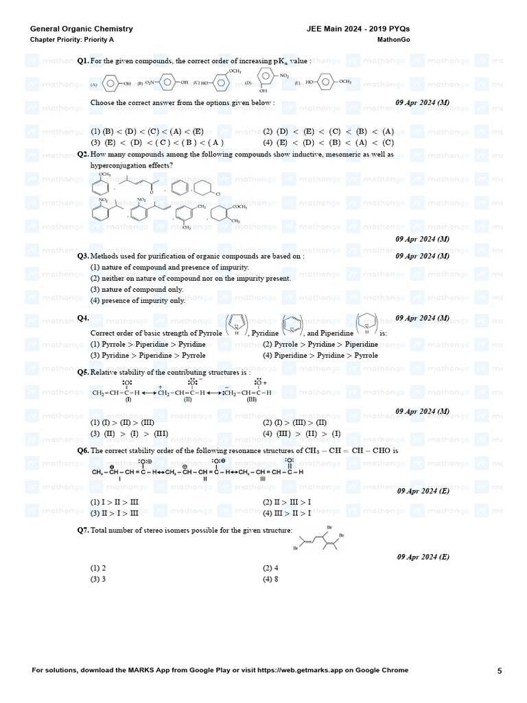 Jee Mains Chemistry Pyq (2024) | PDF | Conformational Isomerism ...