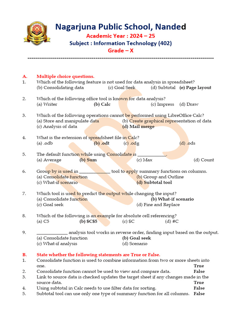 Grade 10 IT: Data Analysis Basics | PDF | Worksheet | Spreadsheet