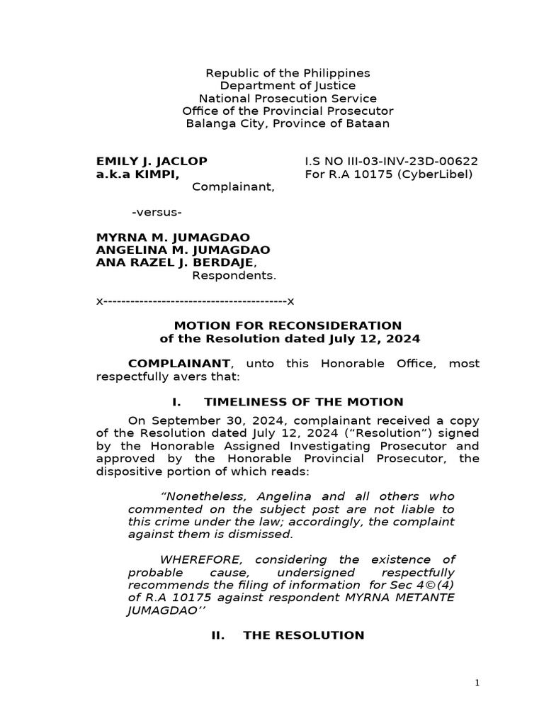 Motion For Reconsideration Emily 10175 | PDF | Defamation | Burden Of ...