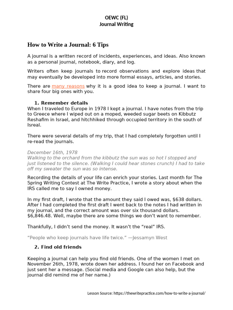 Week Seven - Journal Writing - Lesson 2 | PDF | Self-Improvement