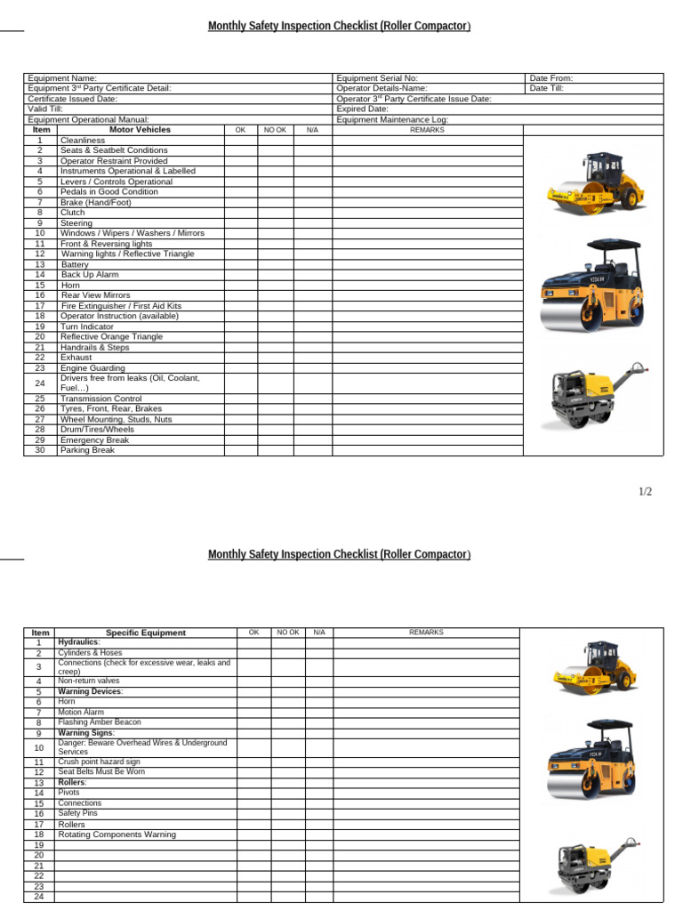 Roller Compactor Monthly Checklist | PDF | Transport | Vehicles
