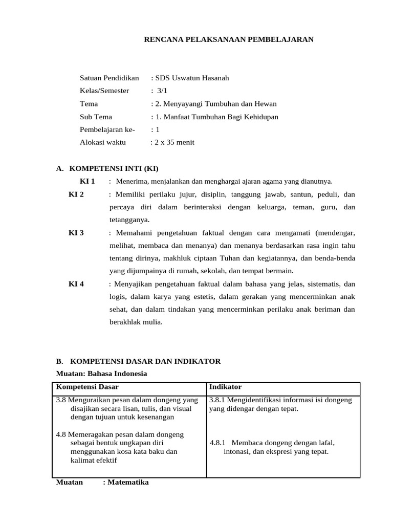 RPP Kelas 3 Tema 2 Subtema 1 Dongeng | PDF | Seni & Disiplin Bahasa | Kesehatan Holistik