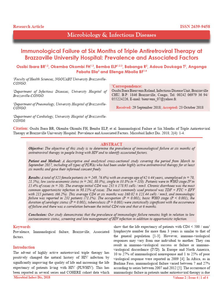 Immunological Failure at Six Months of Triple Antiretroviral Therapy at ...