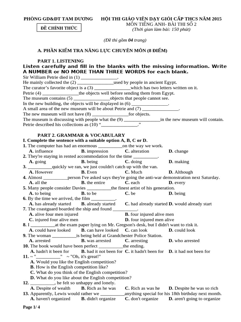 De Thi GVDG Dap An Mon Anh Cap Huyen 2015 | PDF | Tuition Payments