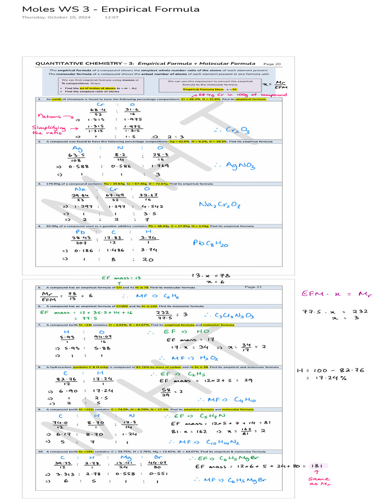 Moles WS 3 - Empirical Formula | PDF