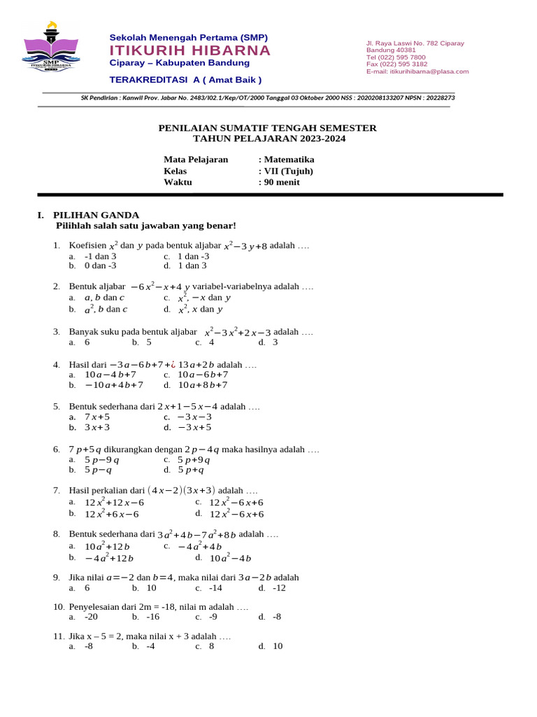 Soal PTS Genap MTK Kelas 7 23-24 | PDF