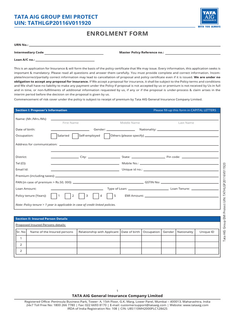 Tata AIG Group EMI Protect Application | PDF | Insurance | Surgery