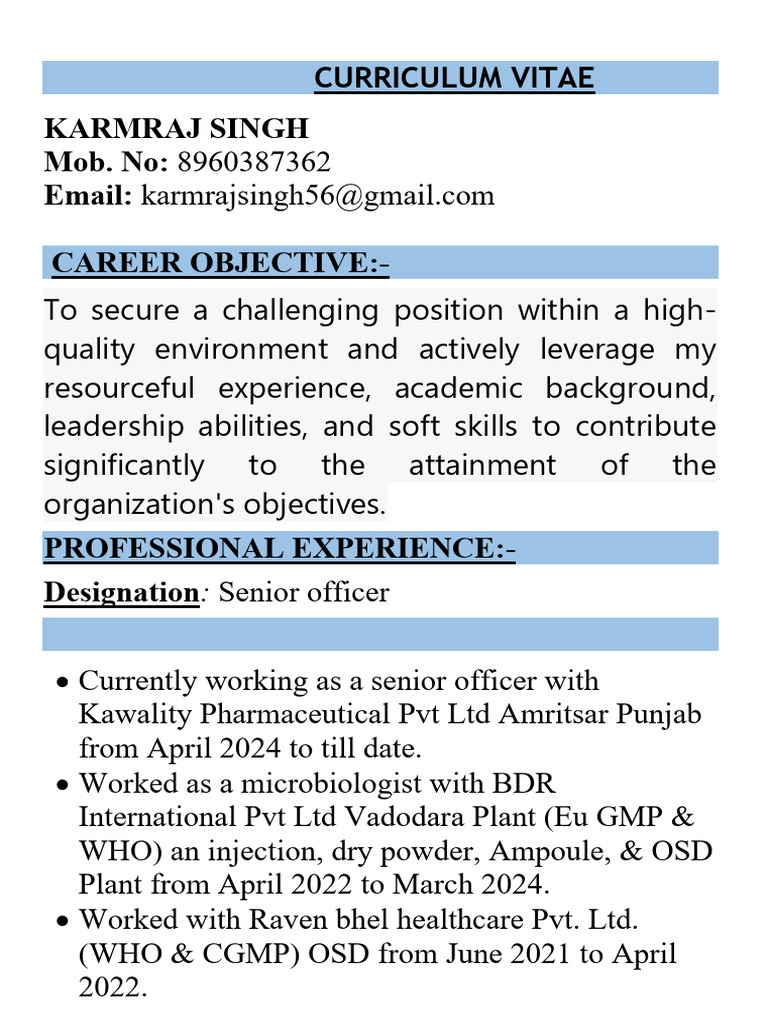 Updated CV 2024 Karmraj 1441 | PDF | Transparent Materials