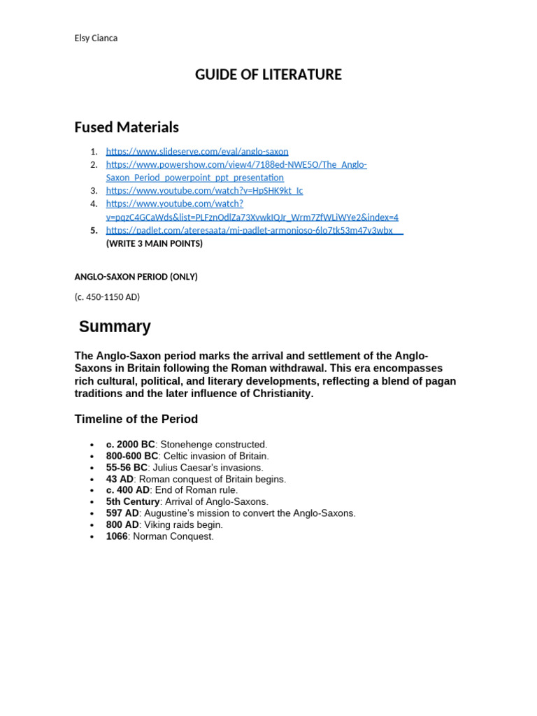 GUIDE OF LITERATURE | PDF | Anglo Saxons | Beowulf