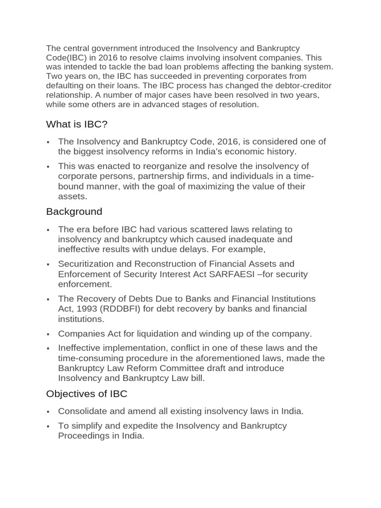 The Central Government Introduced The Insolvency and Bankruptcy Code ...
