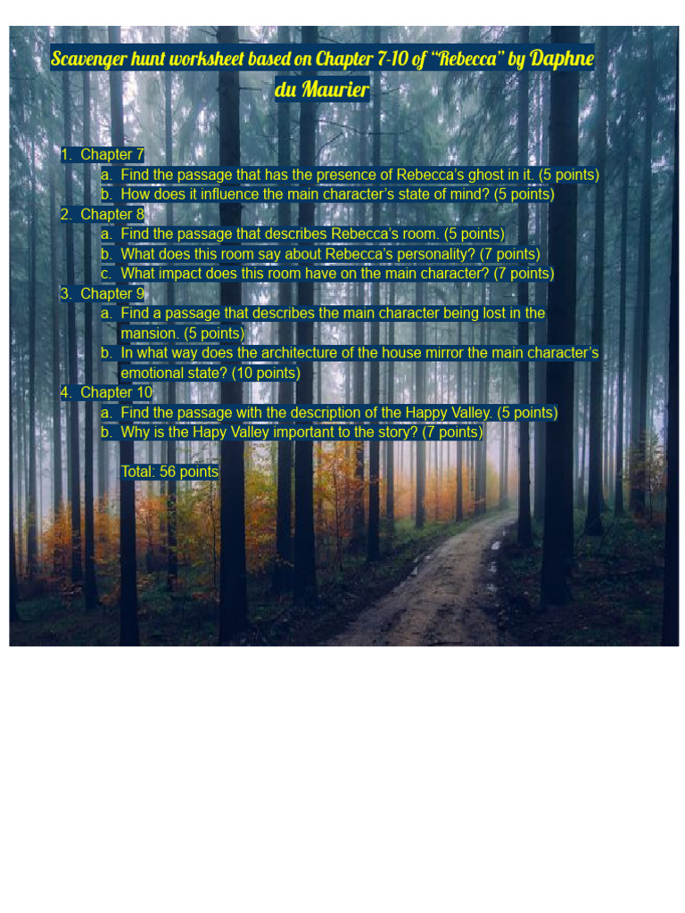 Scavenger Hunt Worksheet Based On Chapter 7-10 of "Rebecca" by Daphne ...