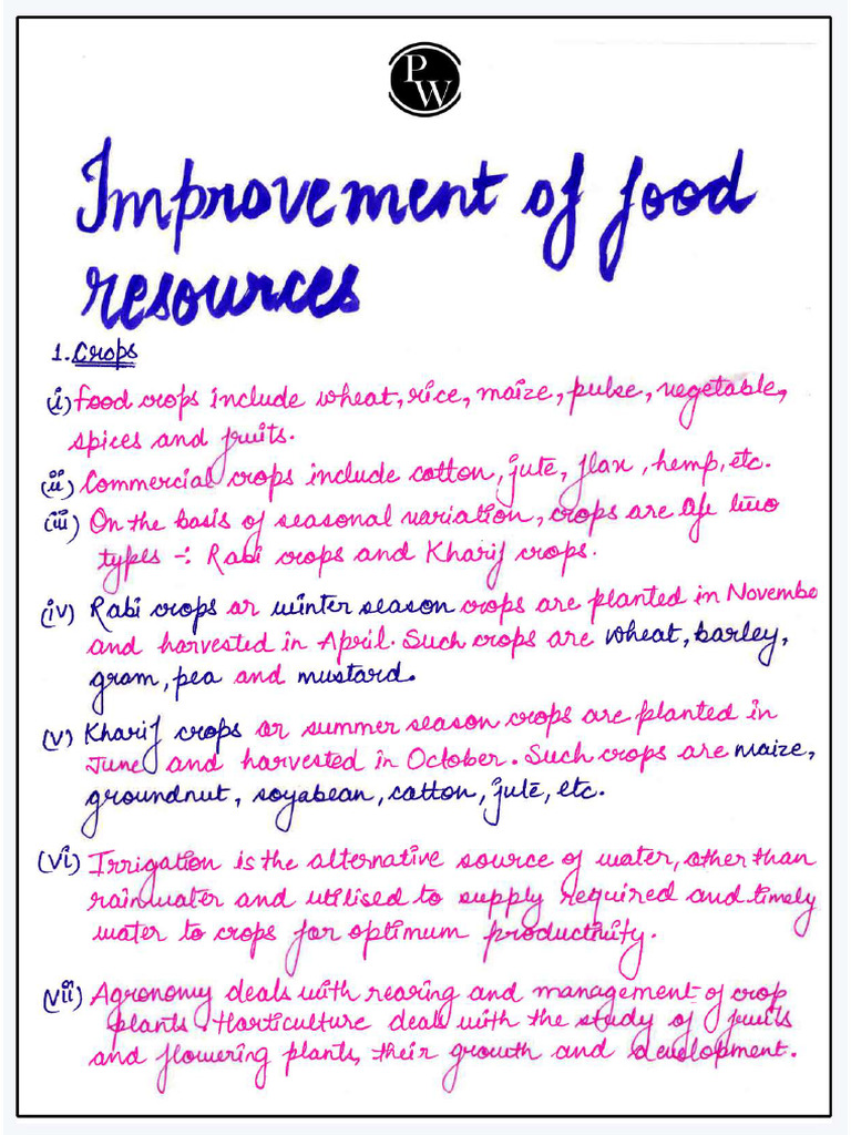 Improvement in Food Resources - Handwritten Notes | PDF