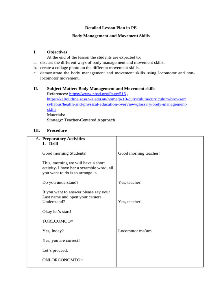 PE Lesson Plan: Body Management Skills | PDF | Anatomical Terms Of Motion