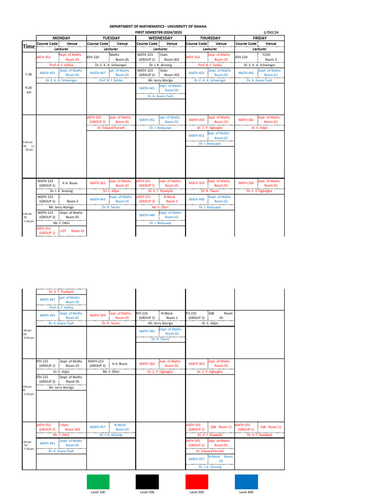 University of Ghana Math Timetable 2024 | PDF