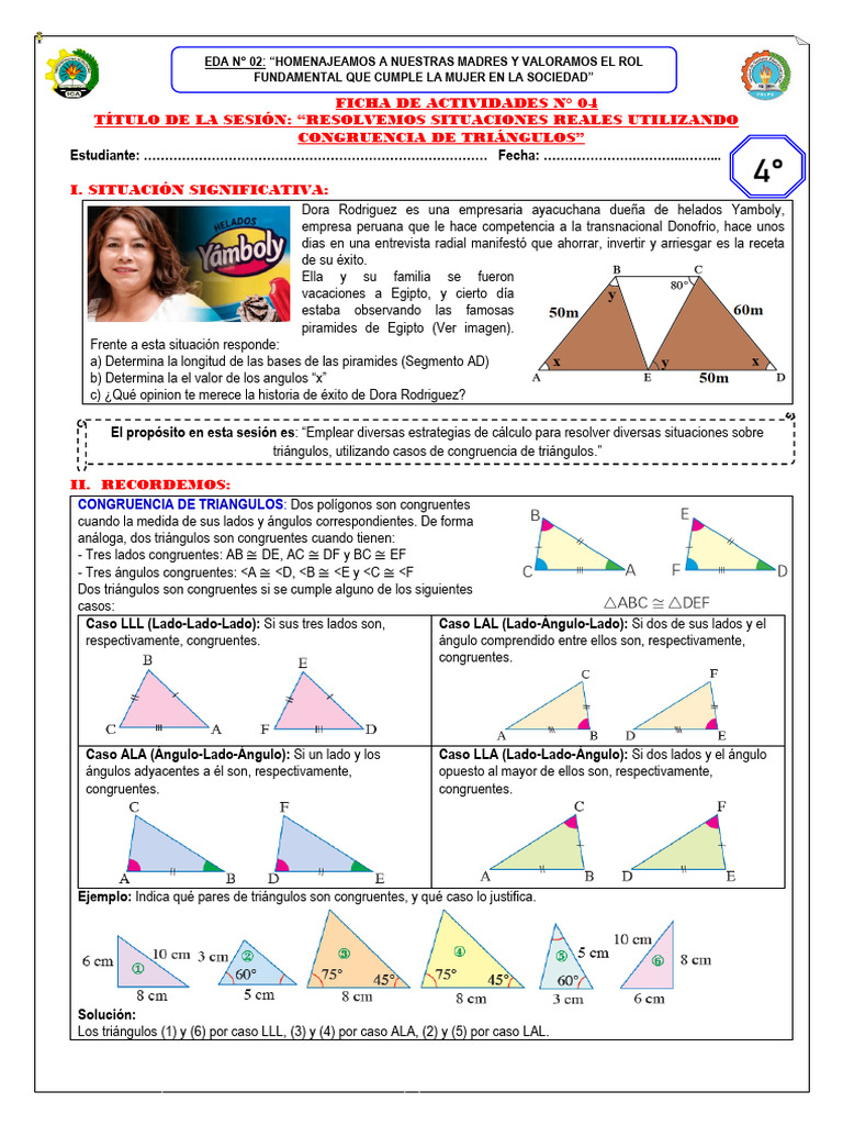 FICHA 4 - 4TO - EDA2 Congruencia | PDF | Triángulo | Geometría del plano euclidiano
