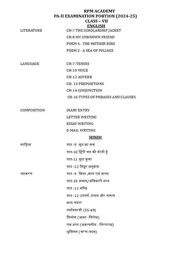 Class Vii P.a.-Ii Syllabus | PDF