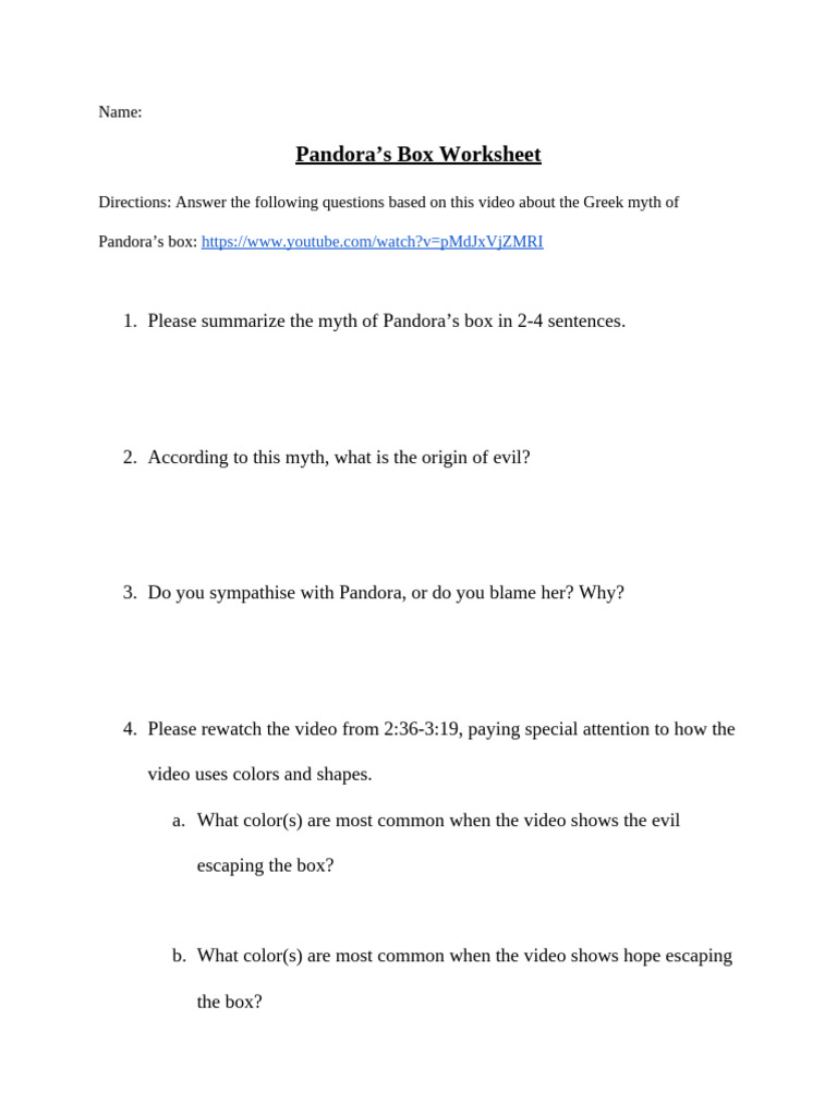 Pandora's Box Worksheet and Questions | PDF