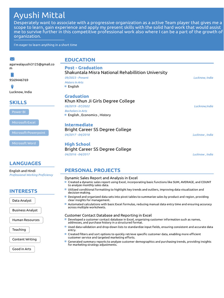 Ayushi Mittal: Aspiring Data Analyst Resume | PDF | Microsoft Excel | Data