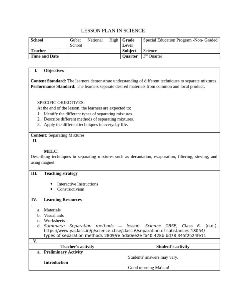 Lesson Plan in Science | PDF | Filtration | Mixture