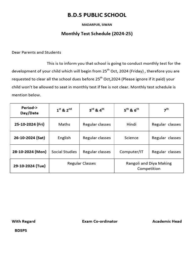 Monthly Test Schedule | PDF