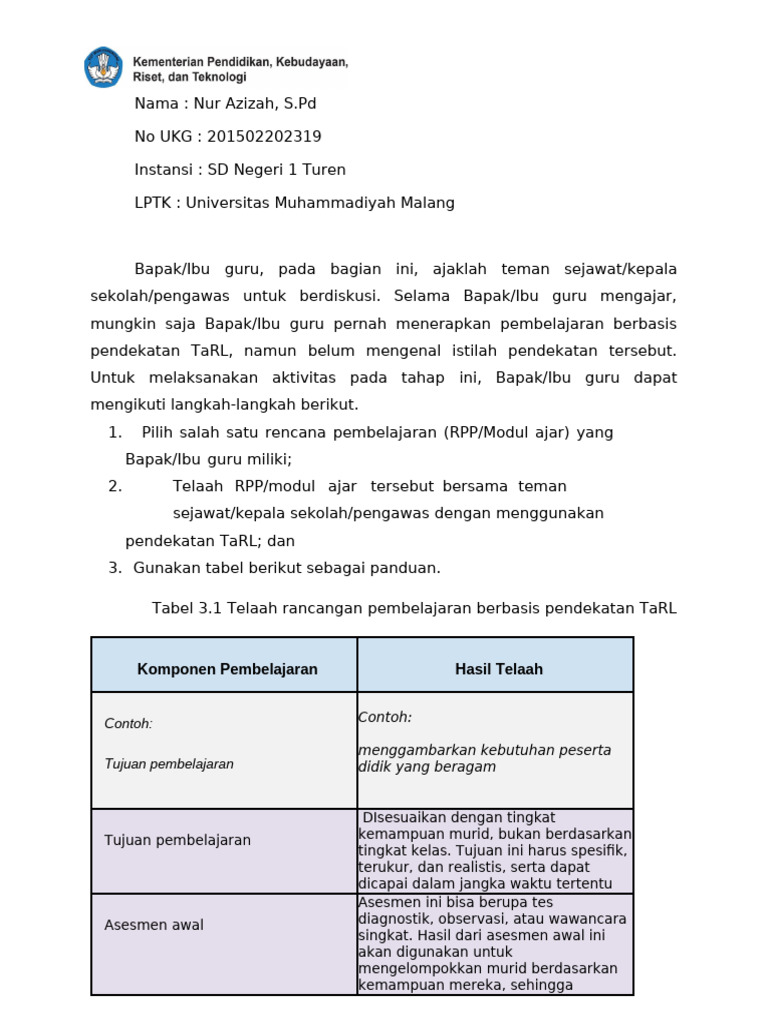 Telaah RPP dengan Pendekatan TaRL | PDF | Karier & Perkembangan