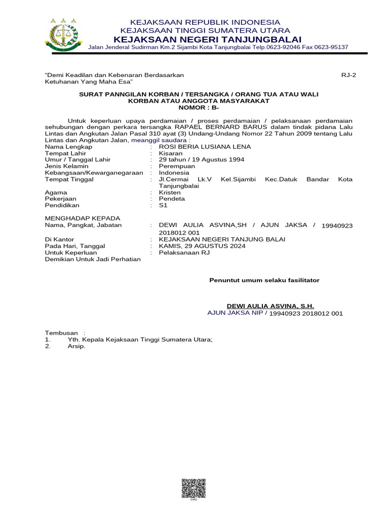 Rj-2 Surat Panggilan Korban TSK DLL Rosi Beria Lusiana Lena | PDF
