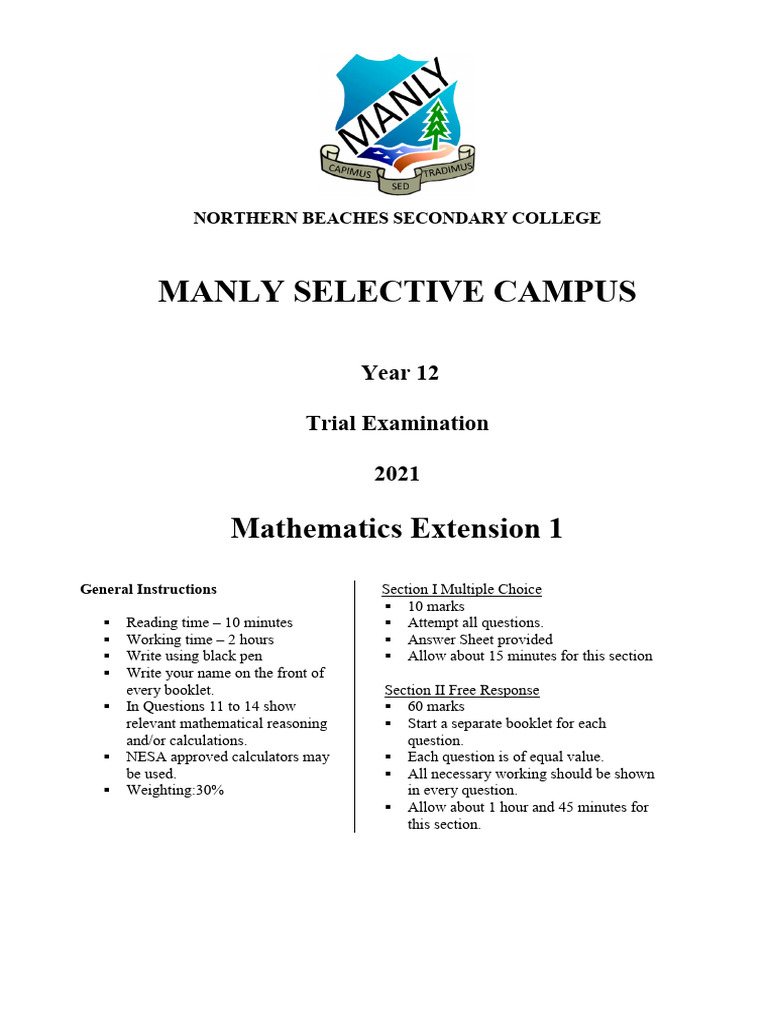 Manly 2021 3U Trials & Solutions | PDF | Equations | Function (Mathematics)