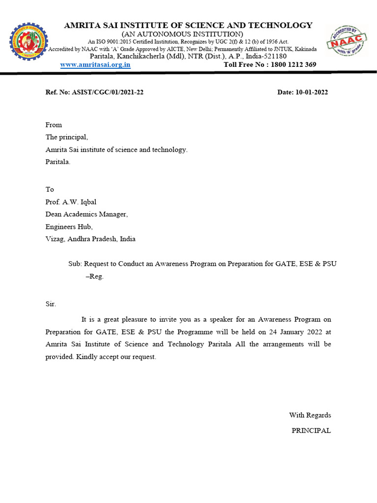 Amrita Sai Institute of Science and Technology: Ref. No: ASIST/CGC/01/ ...