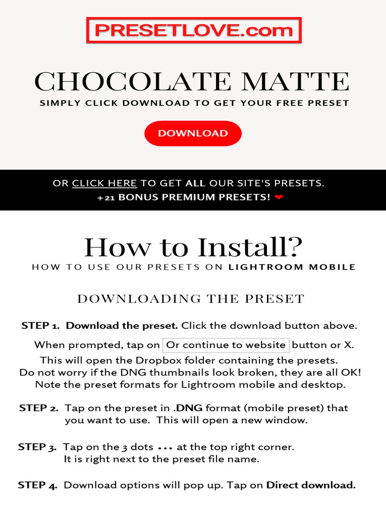 Chocolate Matte Download - PresetLove | PDF