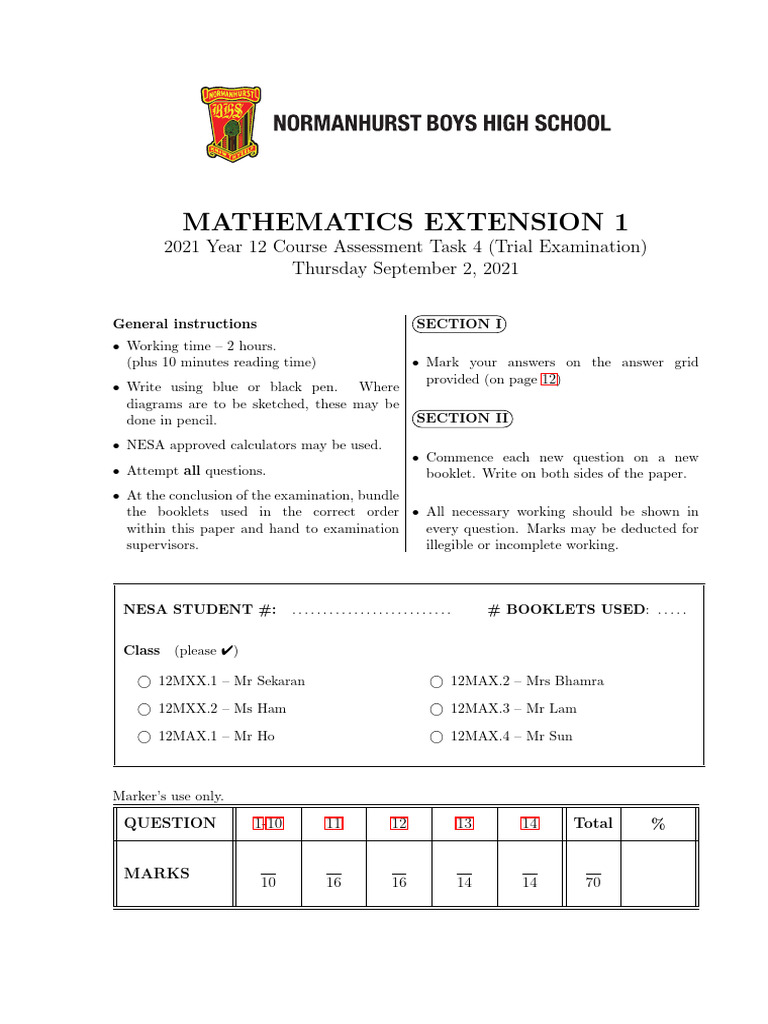 Normanhurst Boys 2021 3U Trials & Solutions | PDF | Polynomial | Equations